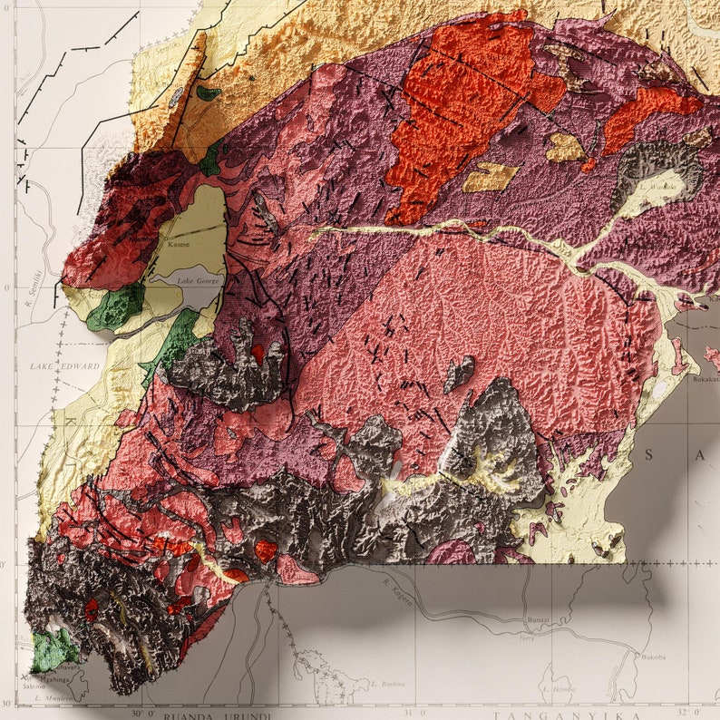 Vintage Uganda Geological Map, Shaded Relief Art Print - Etsy