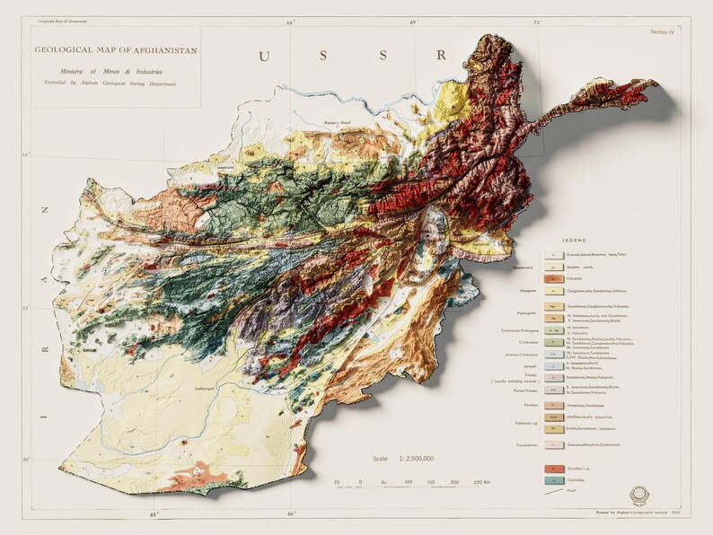 Vintage Afghanistan Map Print – 1969 Geological Shaded Relief Wall Art ...