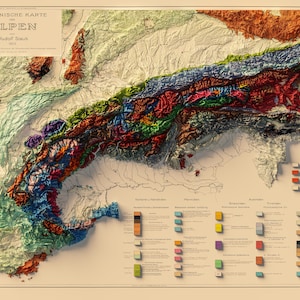 Vintage Alps Map Poster 1923 - Geologic Print With Relief Effect ...