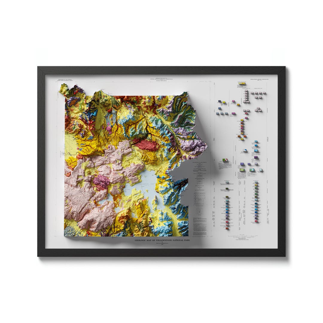 Yellowstone National Park Geological Map Print, Shaded Relief Style ...
