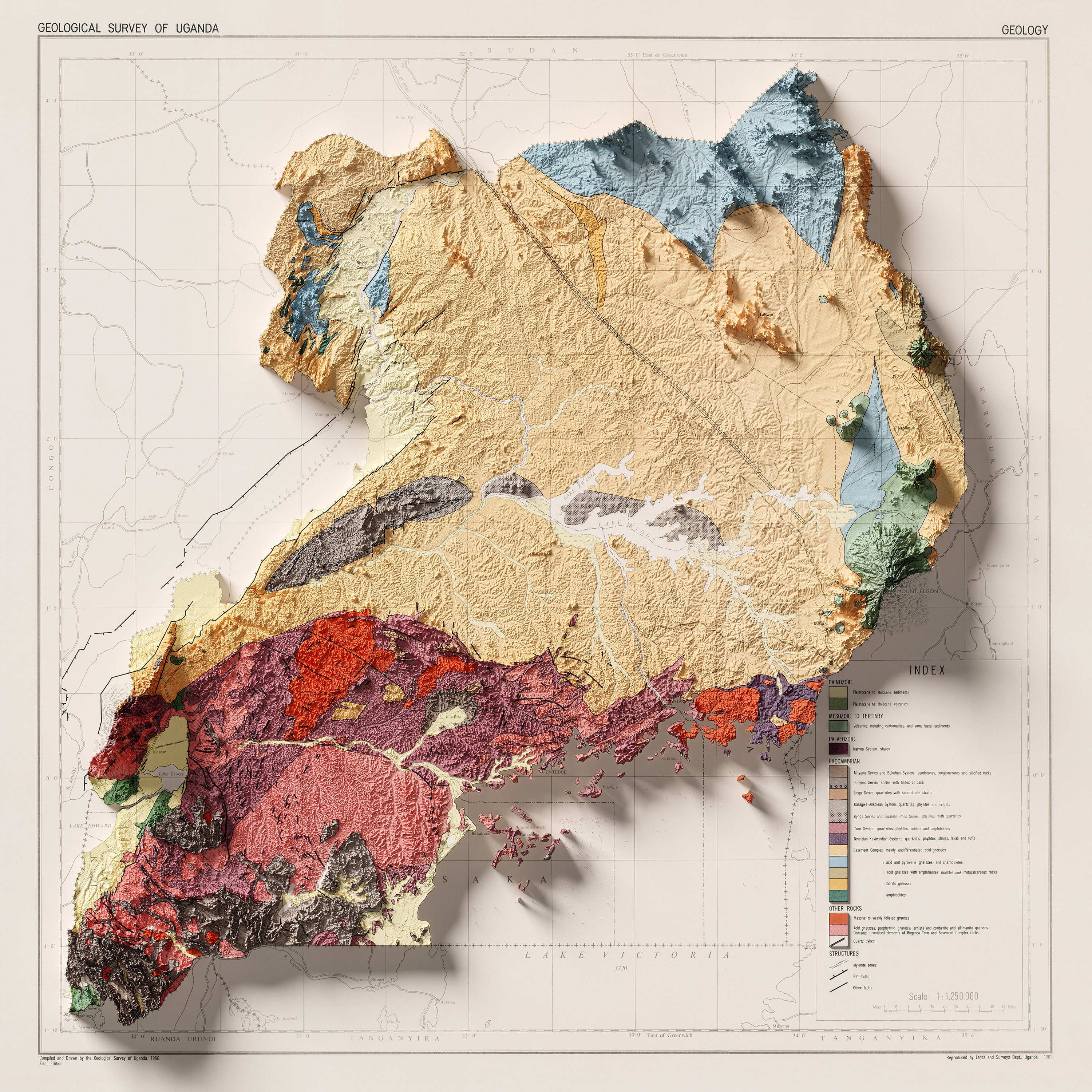 Vintage Uganda Geological Map, Shaded Relief Art Print - Etsy