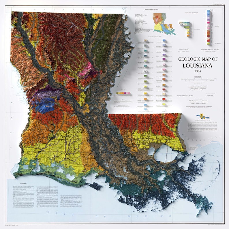 Louisiana Geologic Map Poster 1984 Vintage Reprint Historical Map With ...