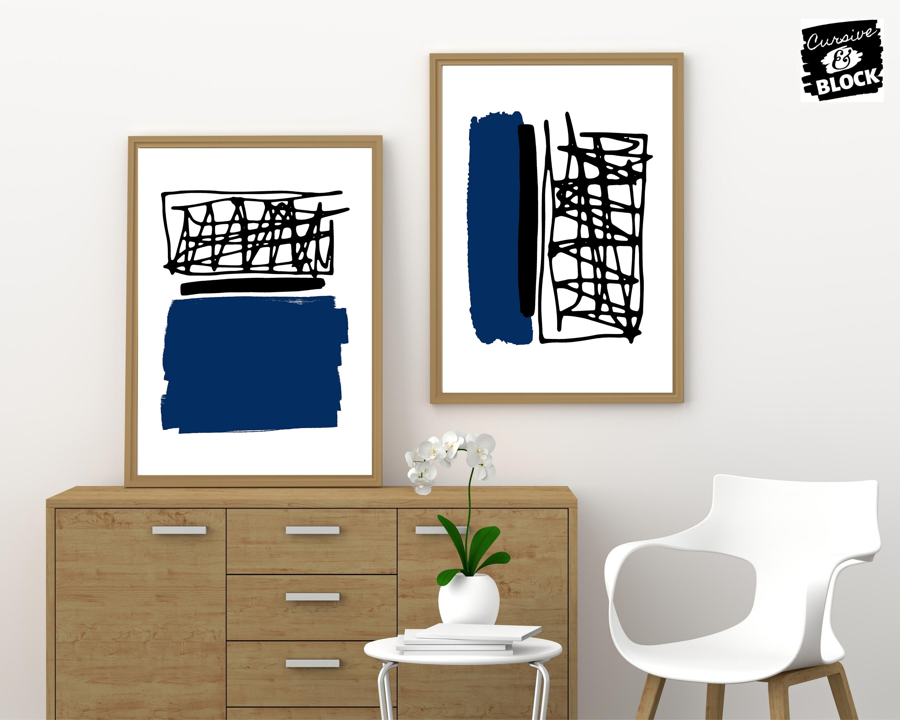 Navy Blue Wall Art Set of Two Abstract Prints Digital - Etsy