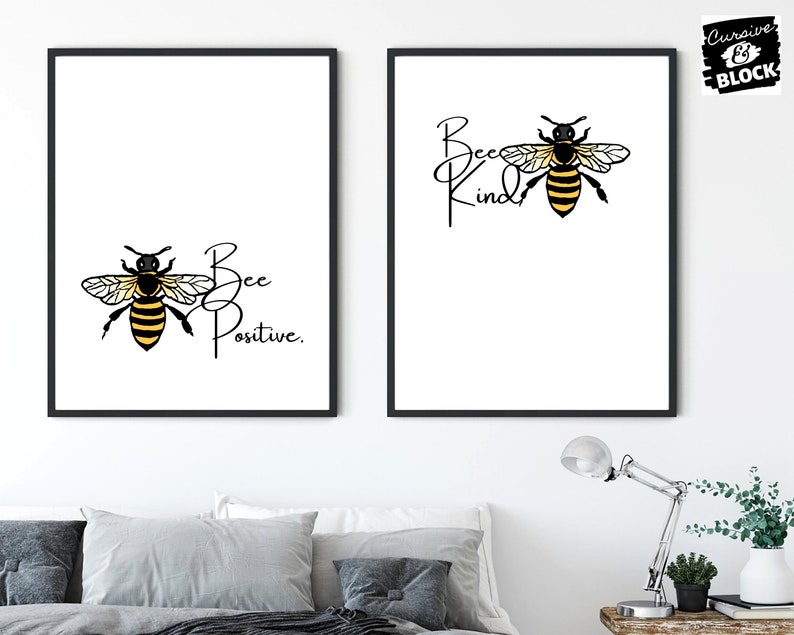 Bee Kind Be Positive Inspiring Wall Art, Pair of Downloadable Prints ...
