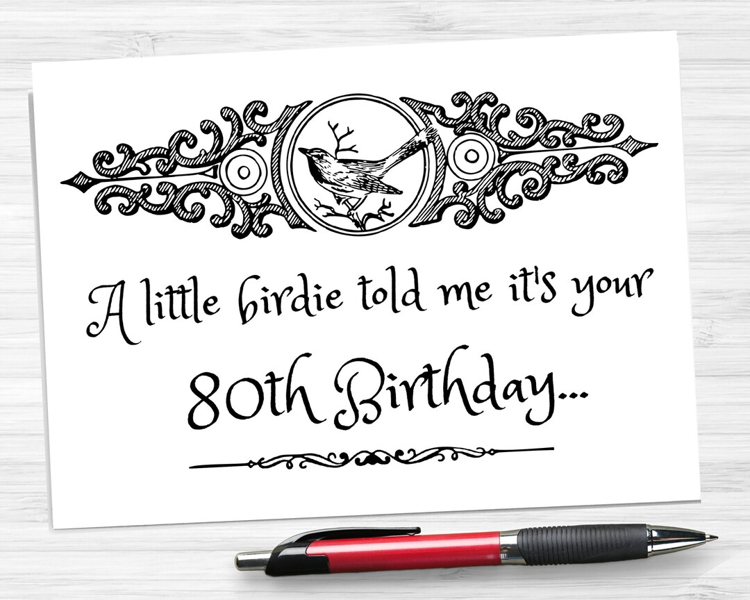 80th Birthday Card Printable With Calligraphy Font Bird Art, Milestone ...