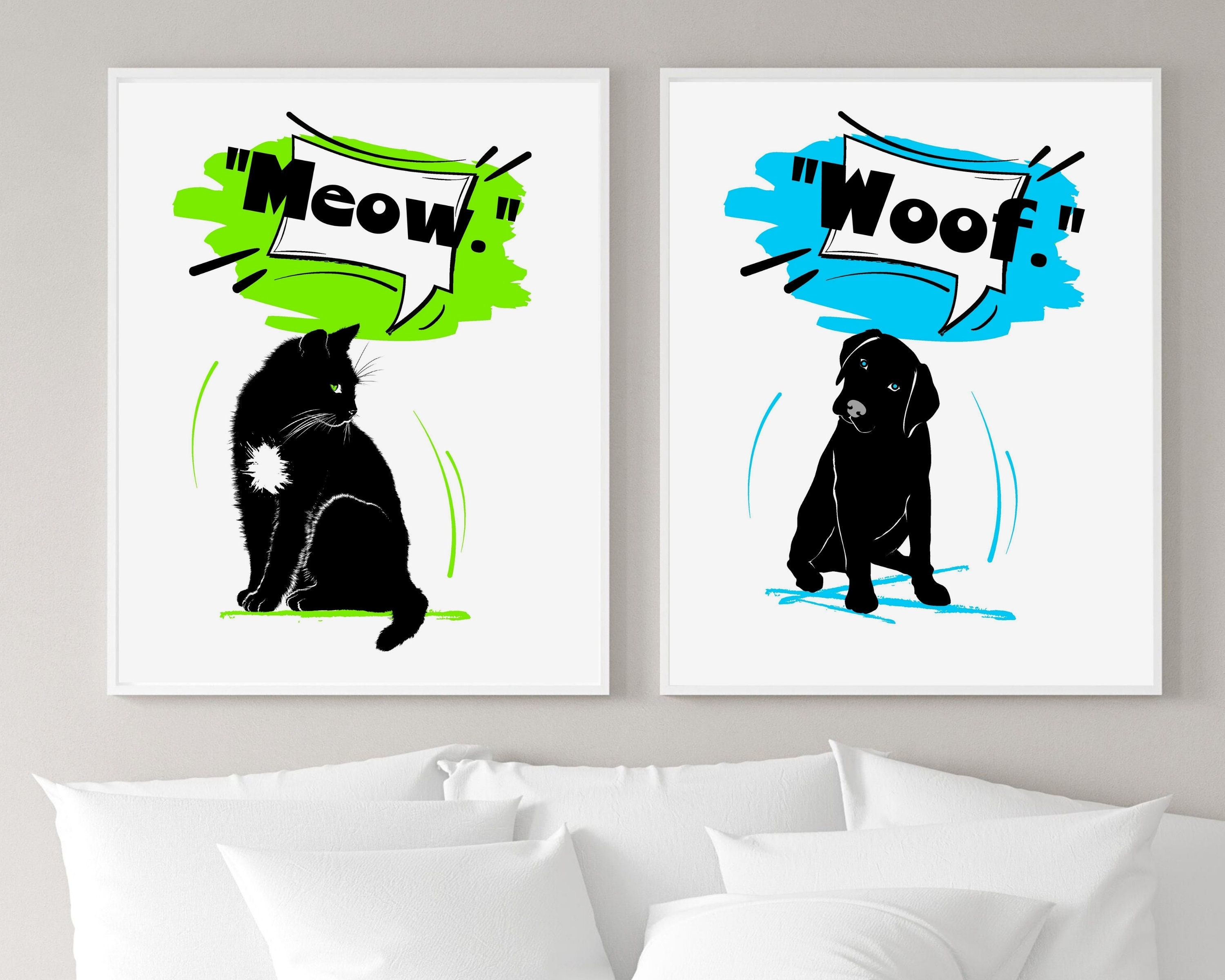 Gallery Wall Set of Two Prints for Pet Lovers, Atomic Cat and Pop Art ...
