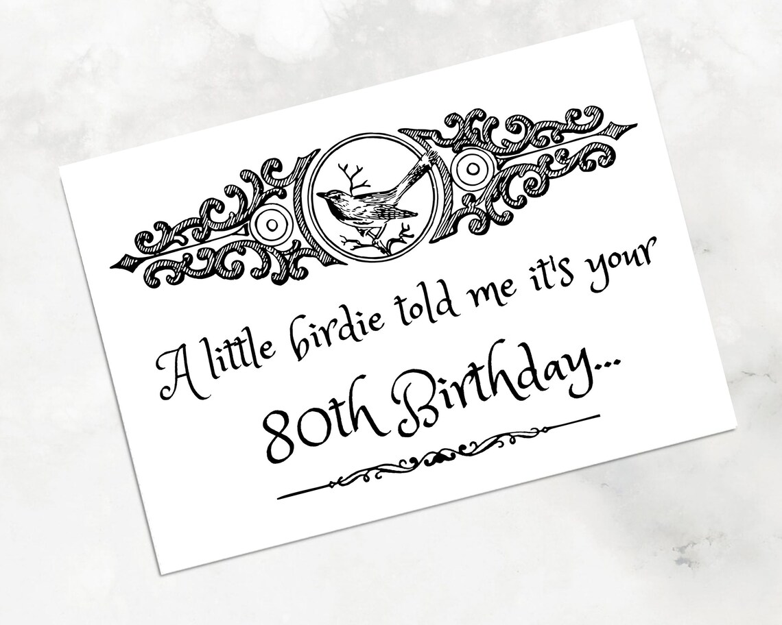 80th Birthday Card Printable With Calligraphy Font Bird Art, Milestone ...