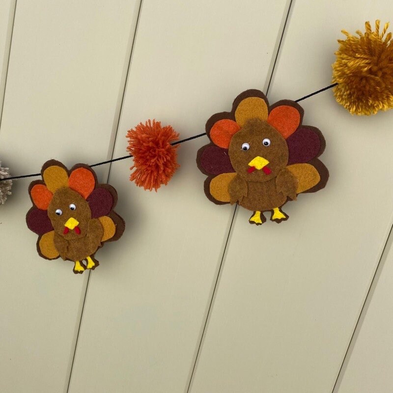 Turkey Felt Garland, Thanksgiving Decorations, Pom Poms Thanksgiving ...