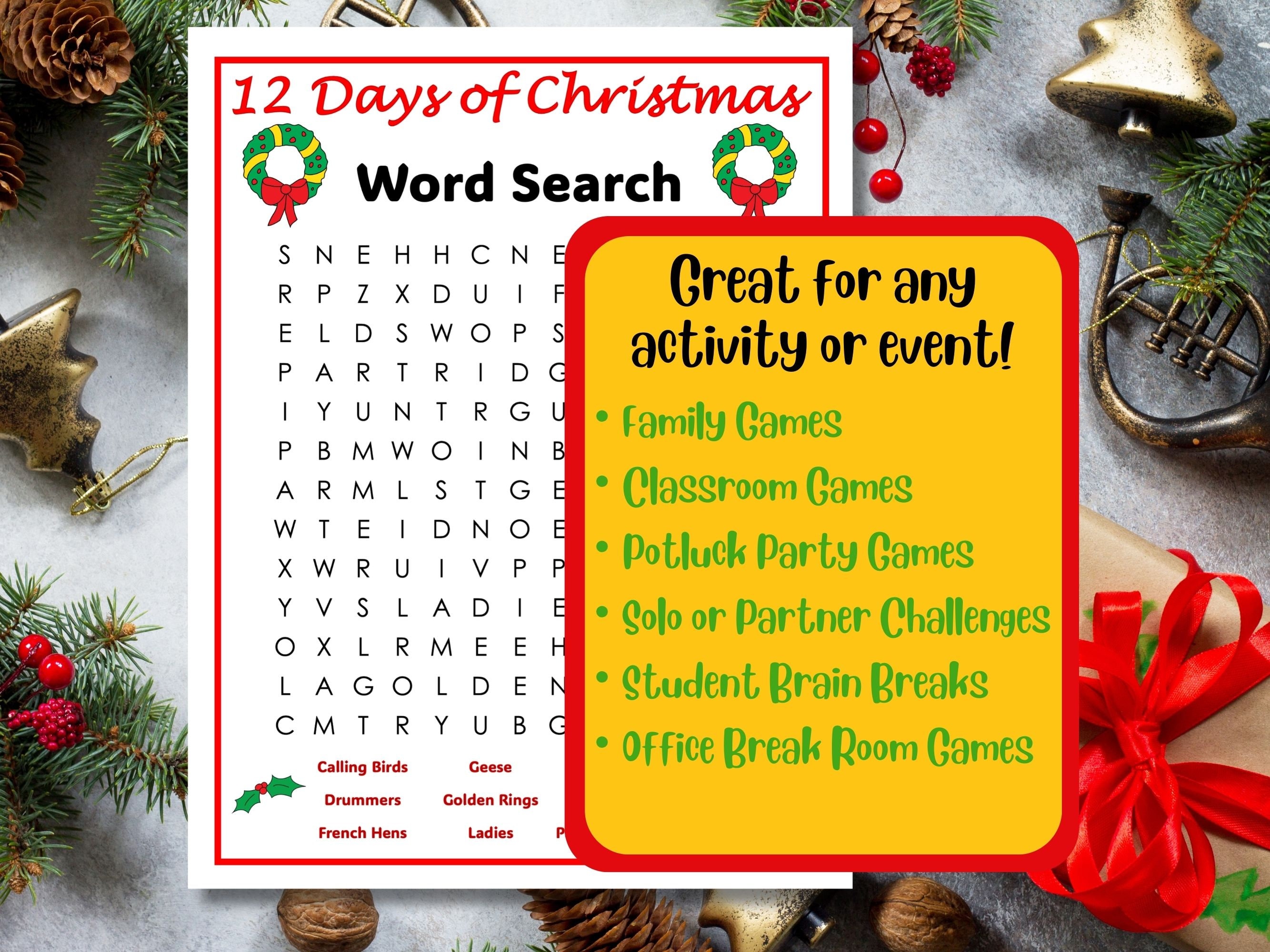 12 Days of Christmas Word Search | Christmas Word Search - Etsy