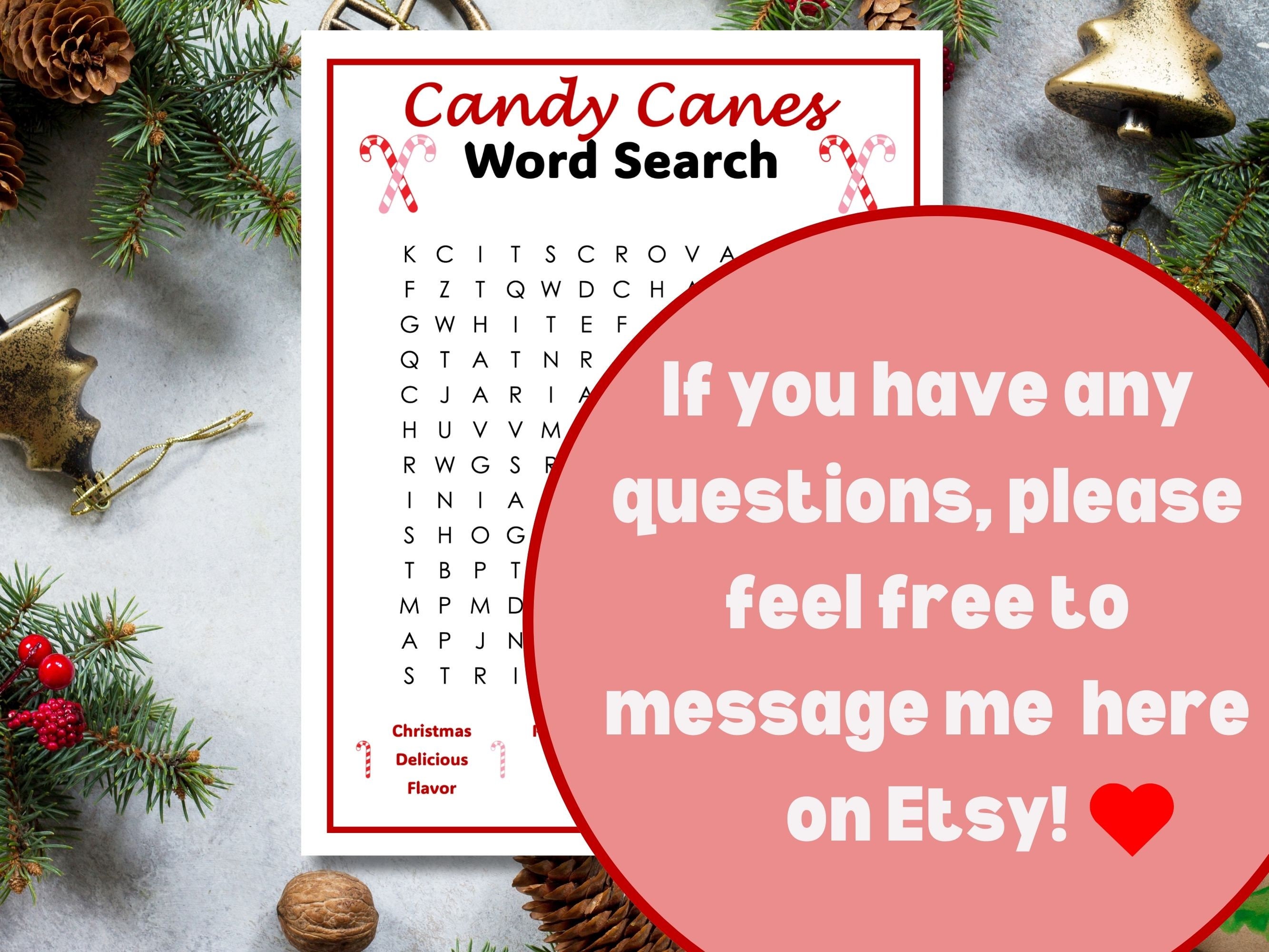 Candy Canes Word Search Christmas Word Search - Etsy