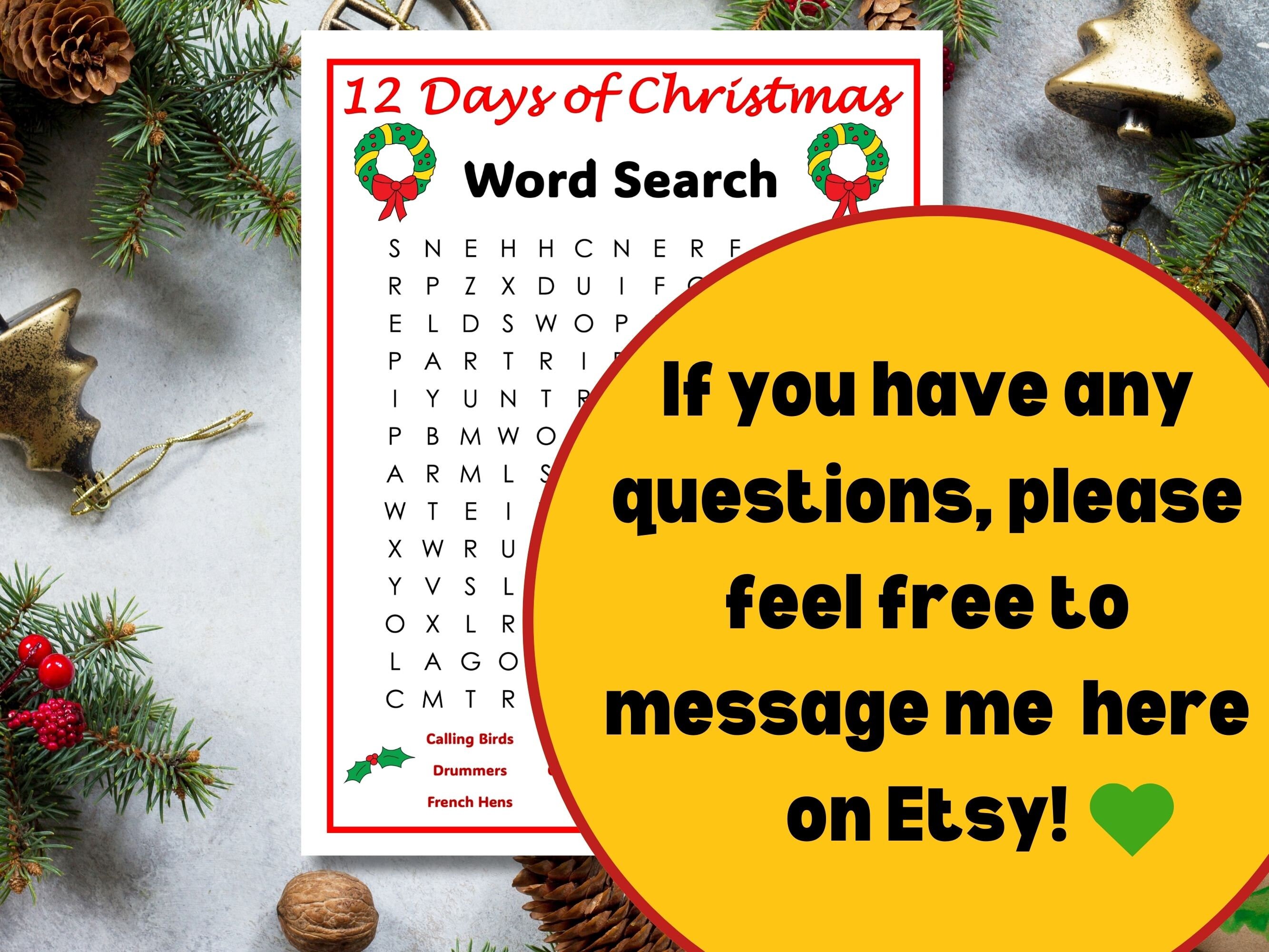 12 Days of Christmas Word Search Christmas Word Search - Etsy