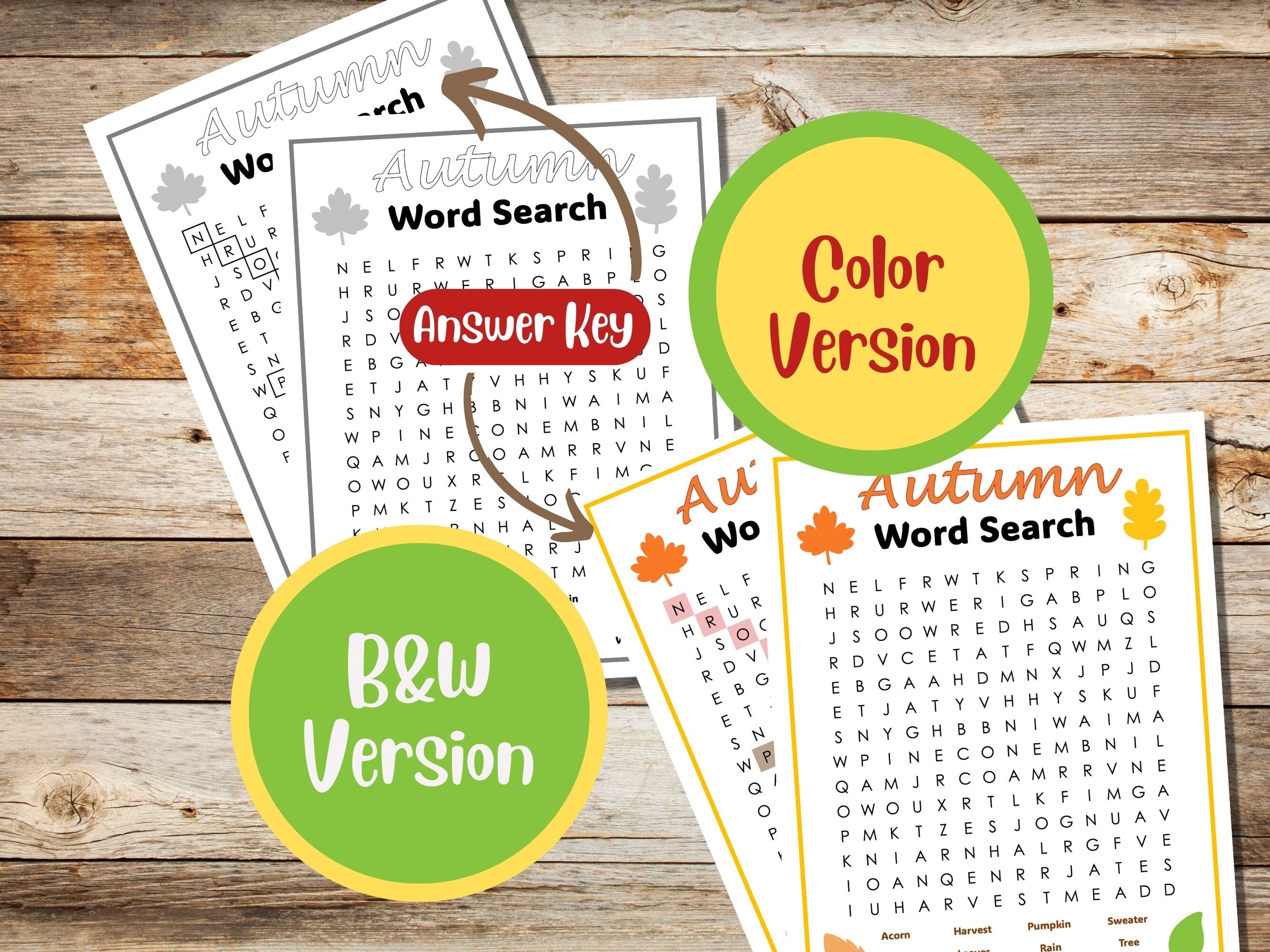 Printable Fall/autumn Word Search With Answers Thanksgiving - Etsy