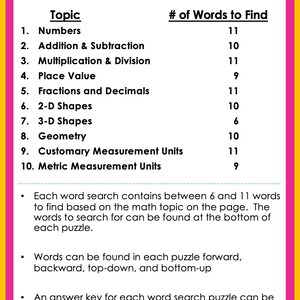 Math Word Search Puzzles, Fun Activities for Kids, Digital Download ...