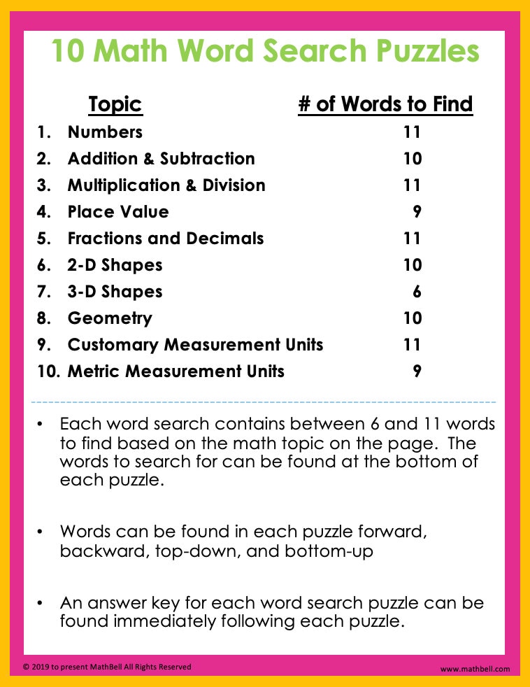 Math Word Search Puzzles, Fun Activities for Kids, Digital Download ...