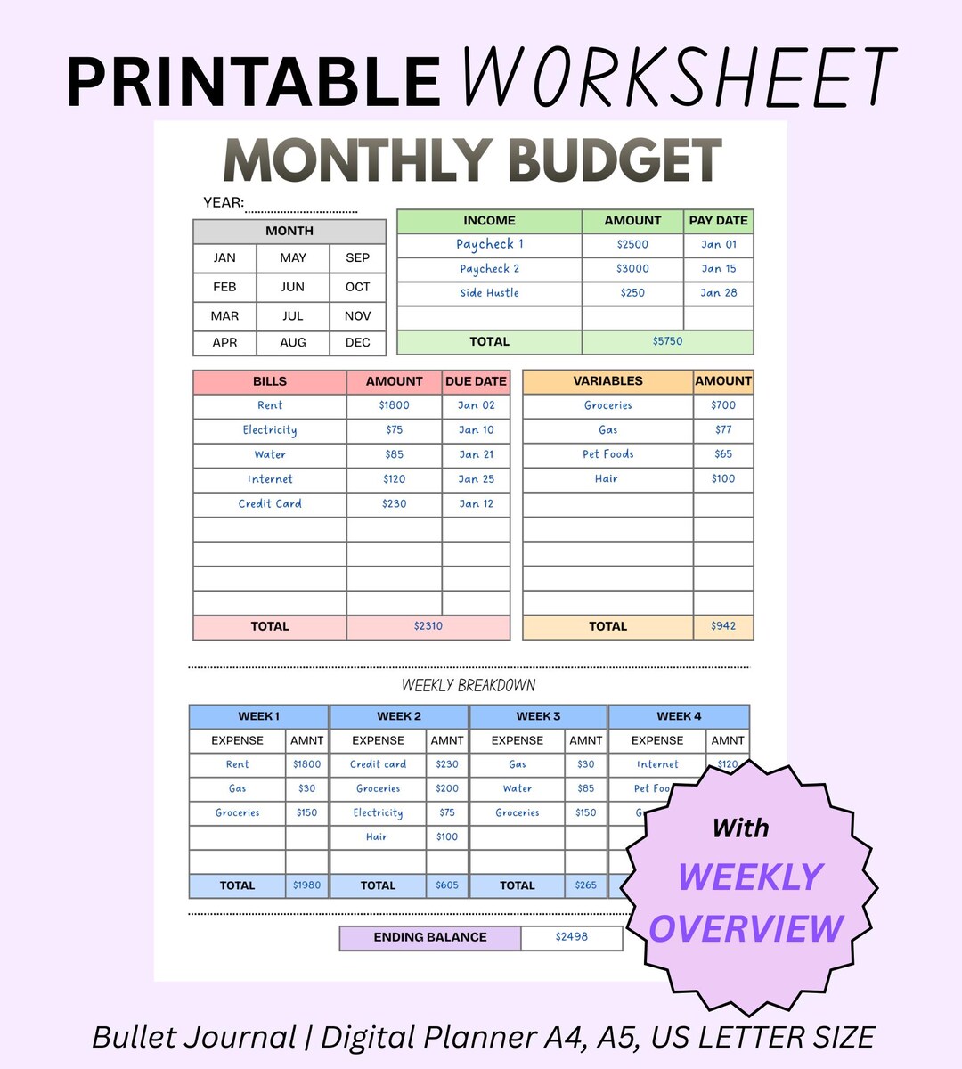 Printable Monthly Budget Planner: Income, Bills, Expenses Tracker (US ...