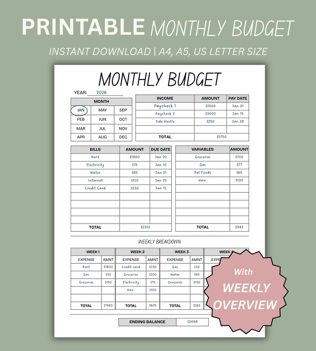 Monthly Budget Planner Printable Worksheet for Tracking Income Bills ...