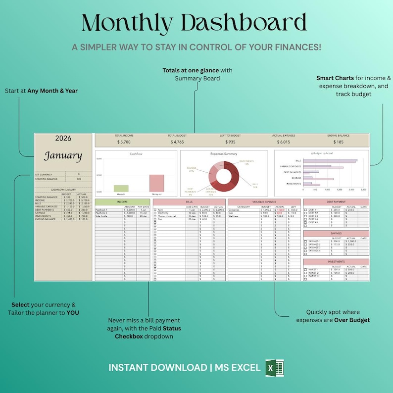 2026 Excel Monthly Budget Template Expense Tracker Beginner Friendly ...