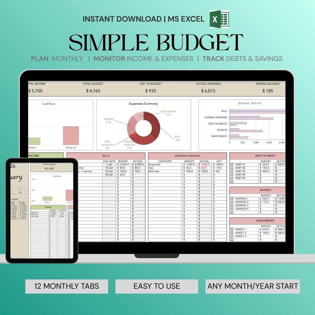 2026 Excel Monthly Budget Template Expense Tracker Beginner Friendly ...