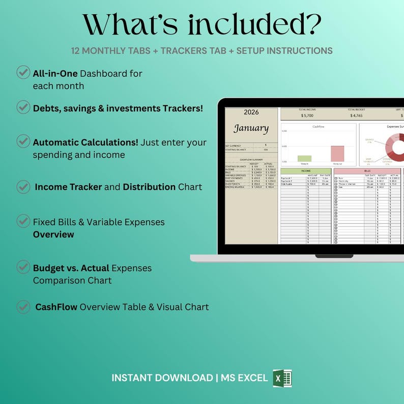 2026 Excel Monthly Budget Template Expense Tracker Beginner Friendly ...