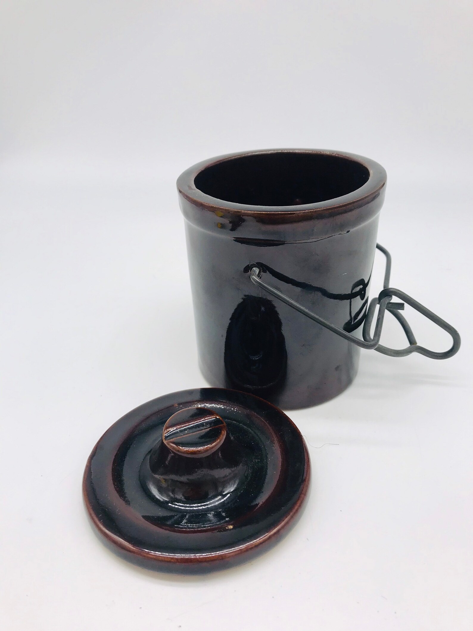 Vintage Dark Brown Small Stoneware Crock With Lid and Metal - Etsy
