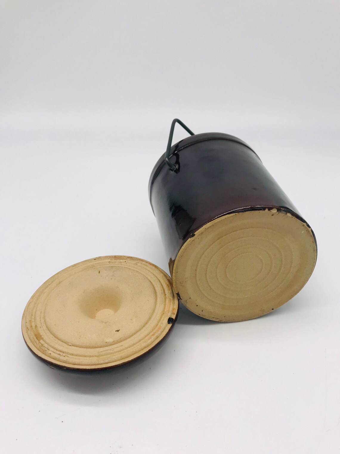 Vintage Dark Brown Small Stoneware Crock With Lid and Metal - Etsy