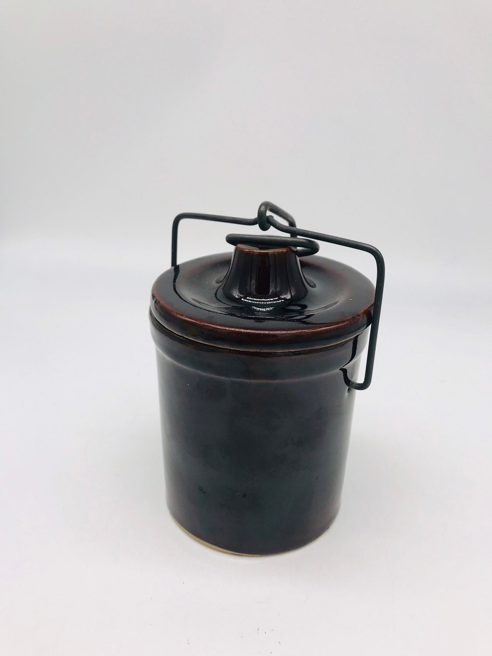 Vintage Dark Brown Small Stoneware Crock With Lid and Metal - Etsy