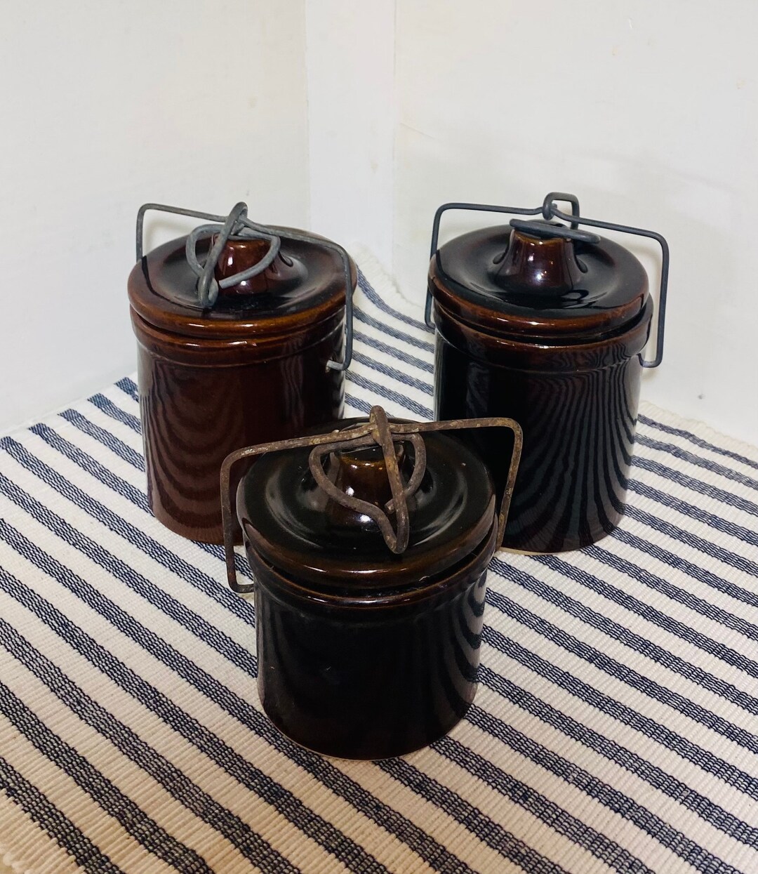 Vintage Dark Brown Stoneware Crock With Lid and Metal Clamp, Cheese ...