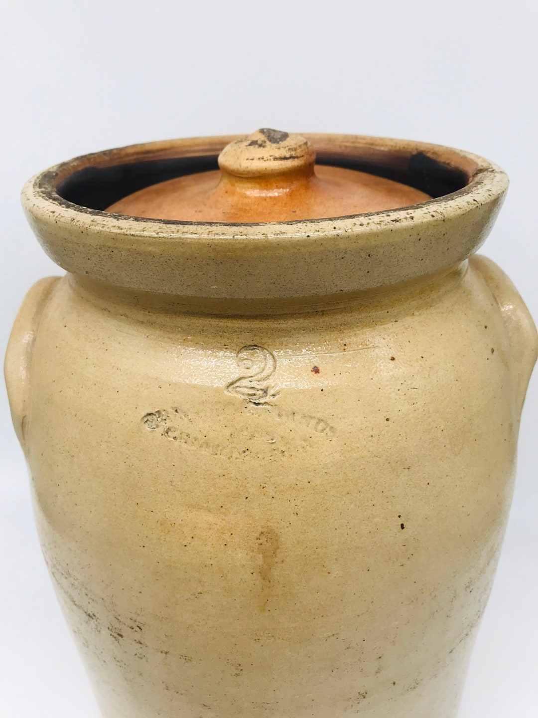 Vintage Primitive Two Gallon Crock With Lid, Large Antique Stoneware ...