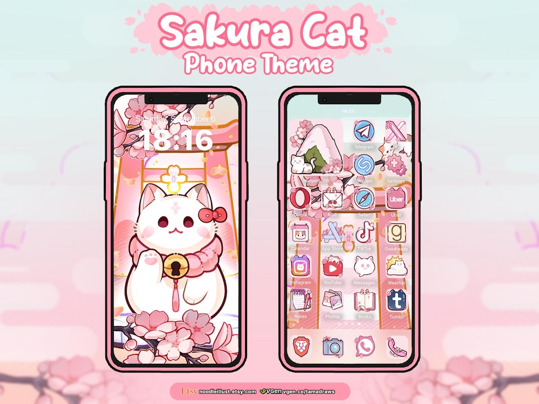 Ios & Android Phone Theme and App Icons | Soft Pink Sakura Cat | Soft ...