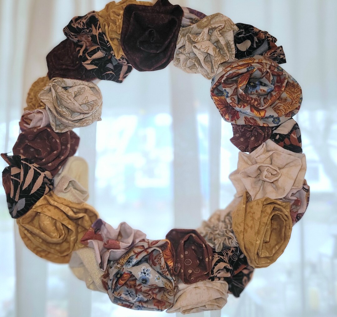 Fabric "rose" Wreath - Handmade - Mixed Earth-tone Fabrics - 9 Inches ...