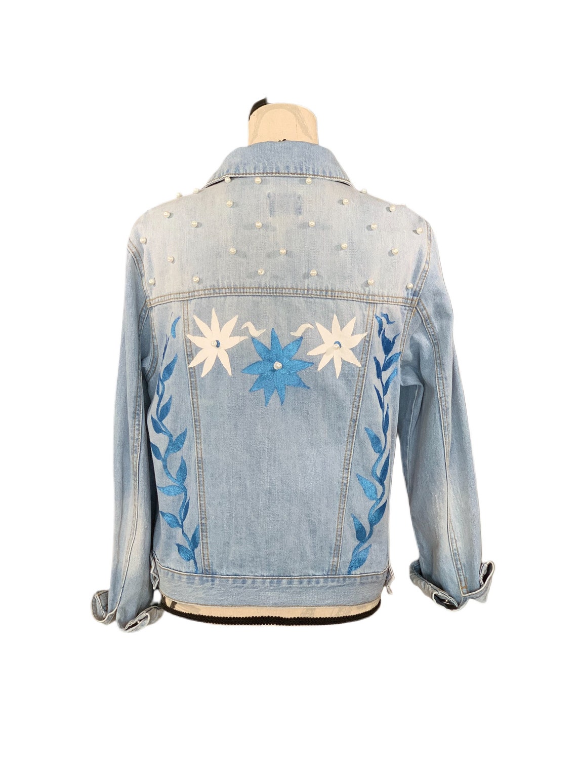Hand Painted Denim Jacket Flowers and Pearls - Etsy