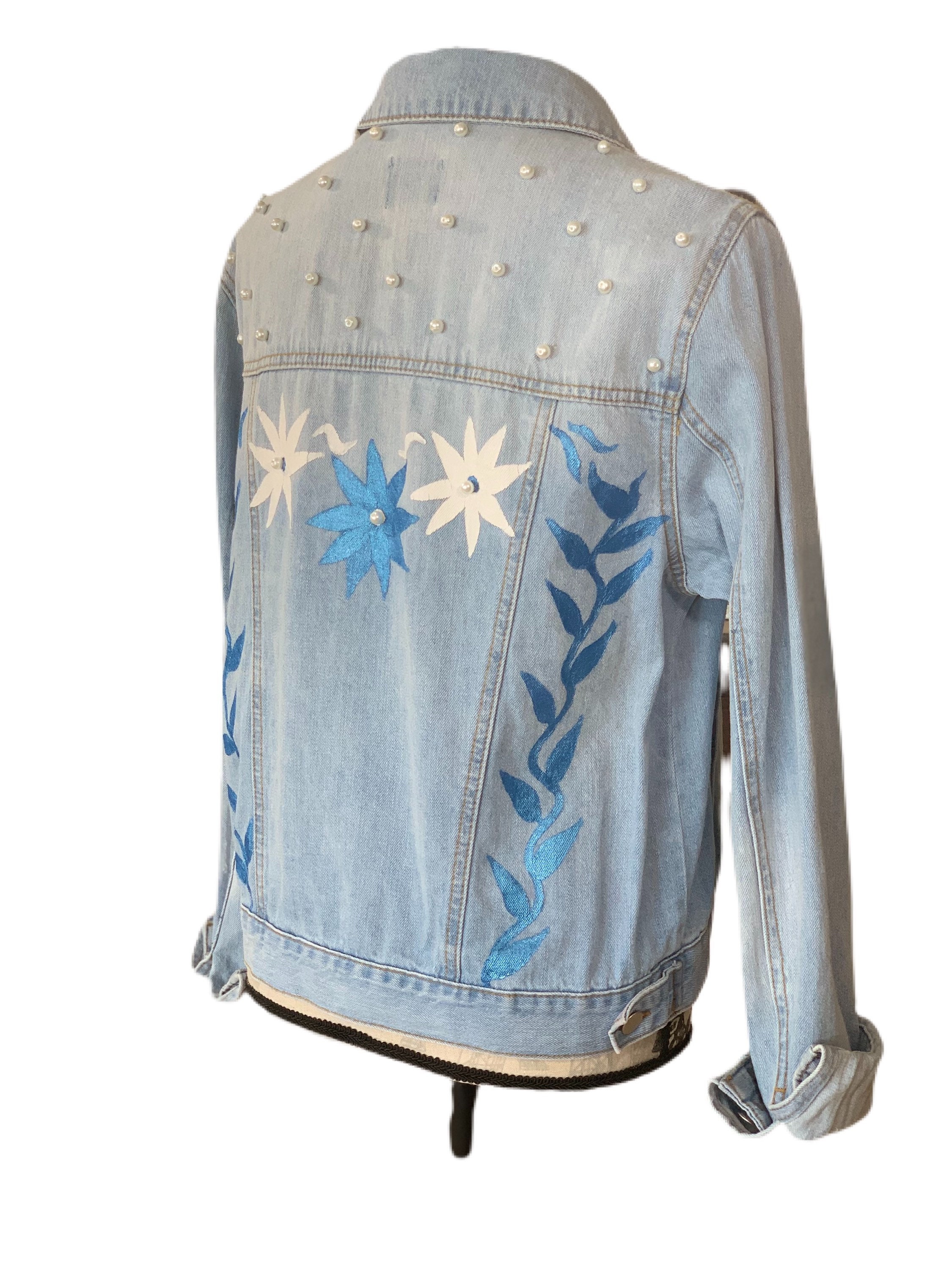 Hand Painted Denim Jacket Flowers and Pearls - Etsy