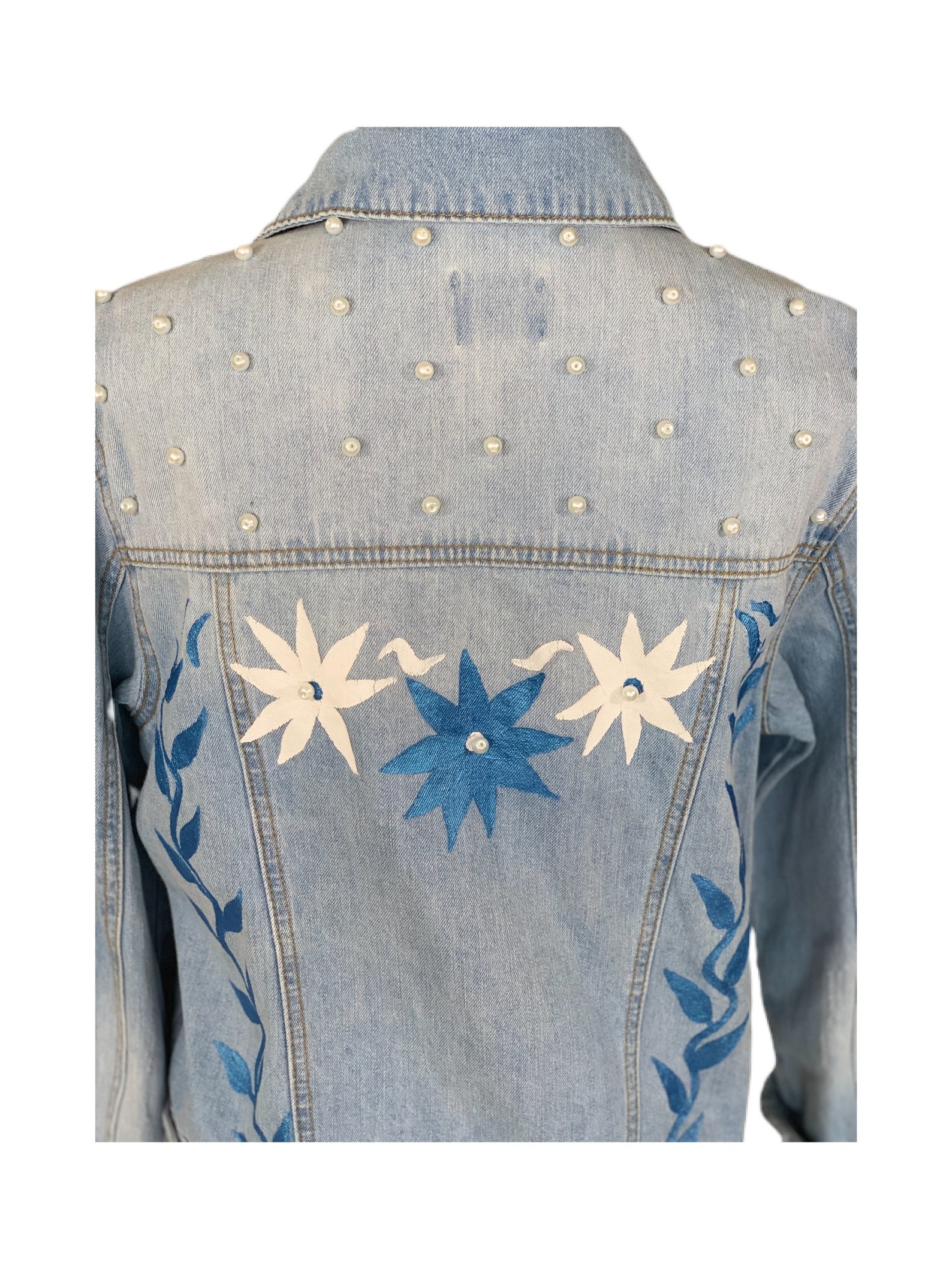 Hand Painted Denim Jacket Flowers and Pearls - Etsy