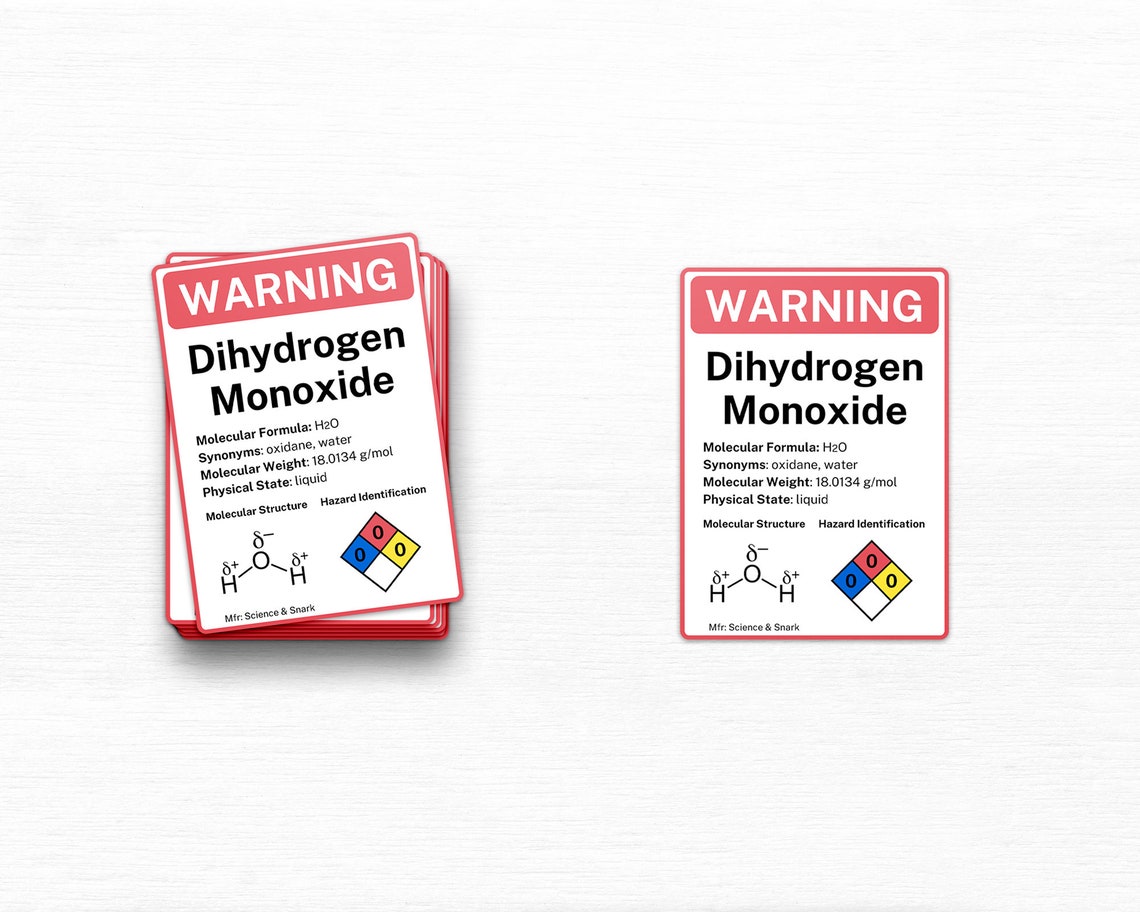 Dihydrogen Monoxide Warning Label Funny Stickers Water - Etsy