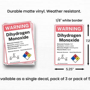 Dihydrogen Monoxide Warning Decal, Funny Science Sticker for a ...
