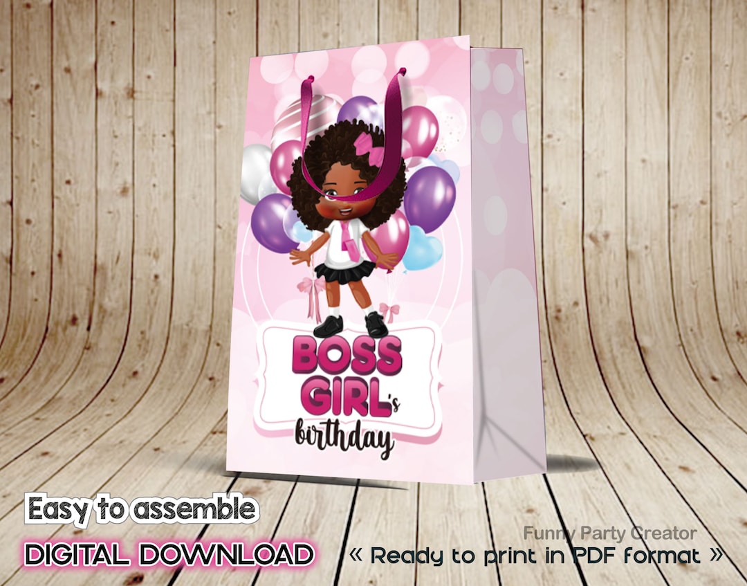 DIGITAL Paper Bag for Boss Girl Baby Birthday Party, African American ...