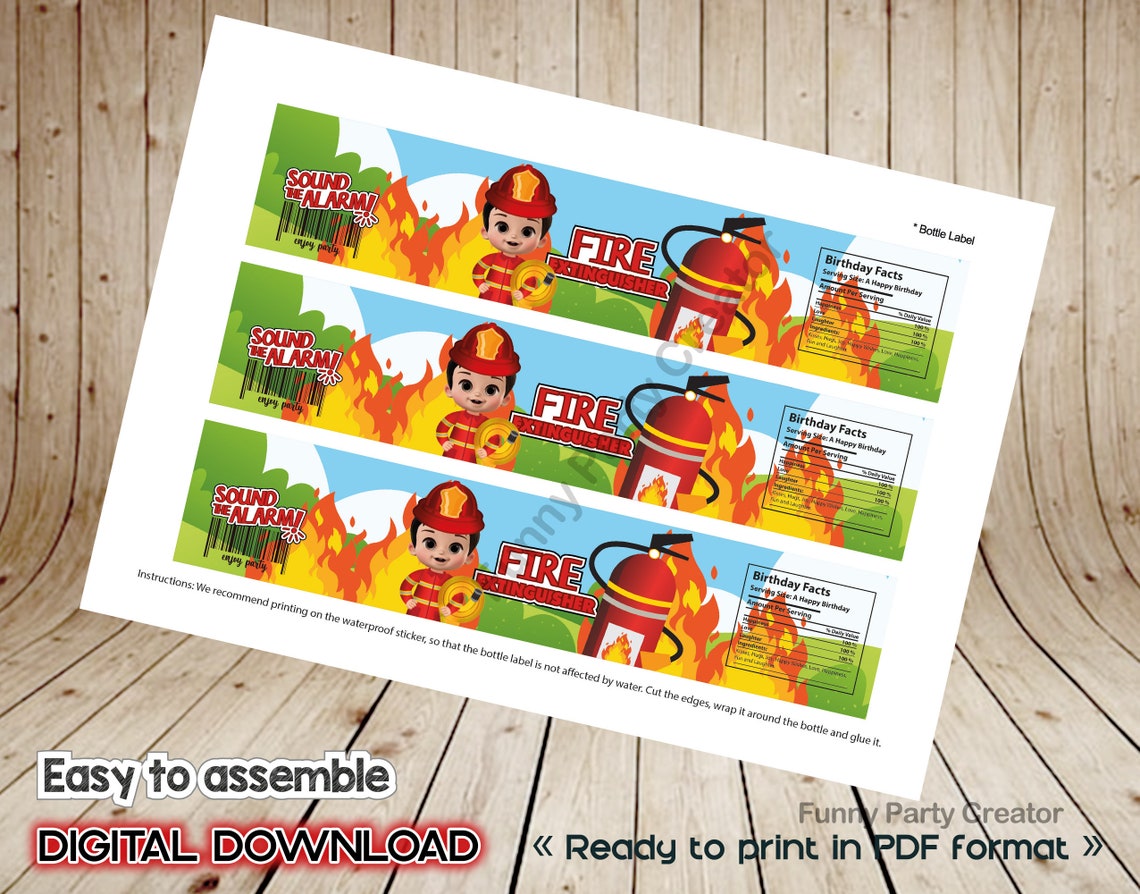 DIGITAL Bottle Label for Fire Fighter Birthday Party, Decorations for ...