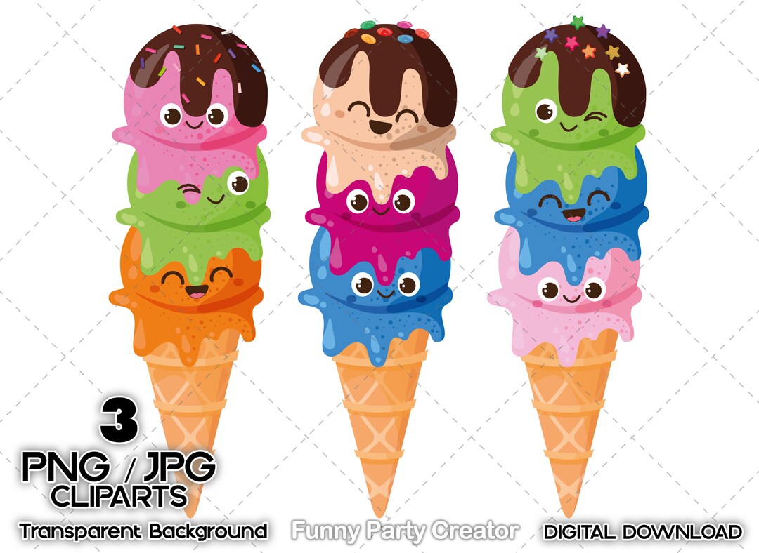 Funny Ice Cream Clipart: Rainbow Summer Food (PNG, JPG Digital Download ...