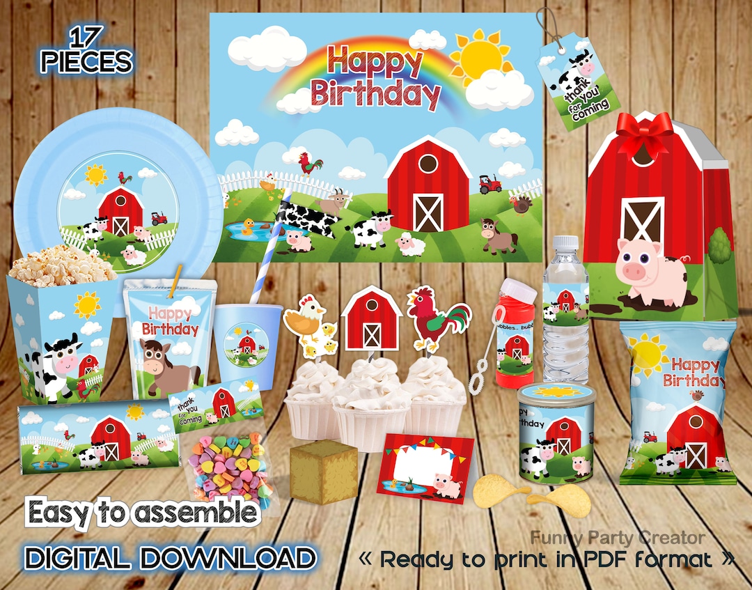 Farm Birthday Party Kit: Printable Decorations & Favors (digital ...