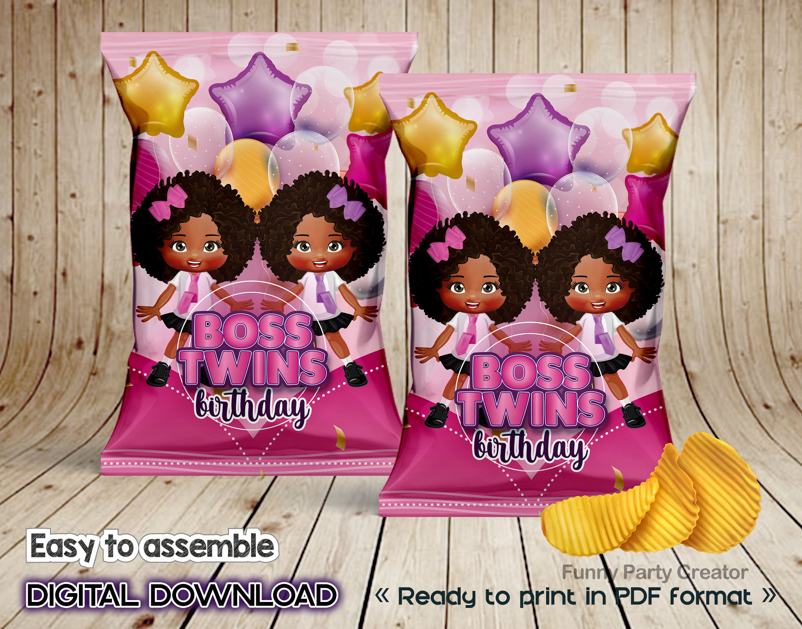 DIGITAL Chips Bag for Boss Twins Girl Birthday Party, Decorations for ...