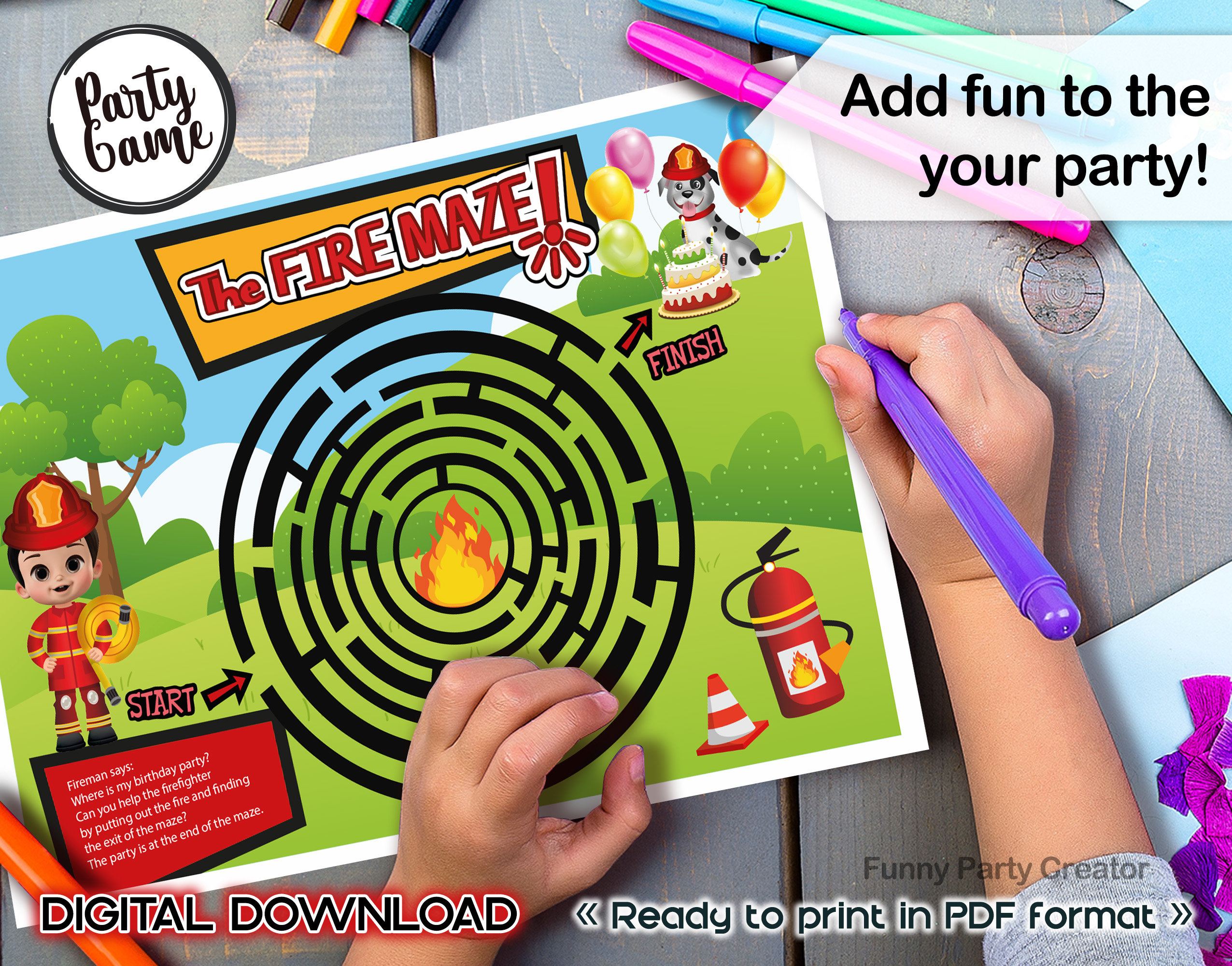 DIGITAL Maze Game for Fire Fighter Birthday Party, Labyrinth Board Game ...