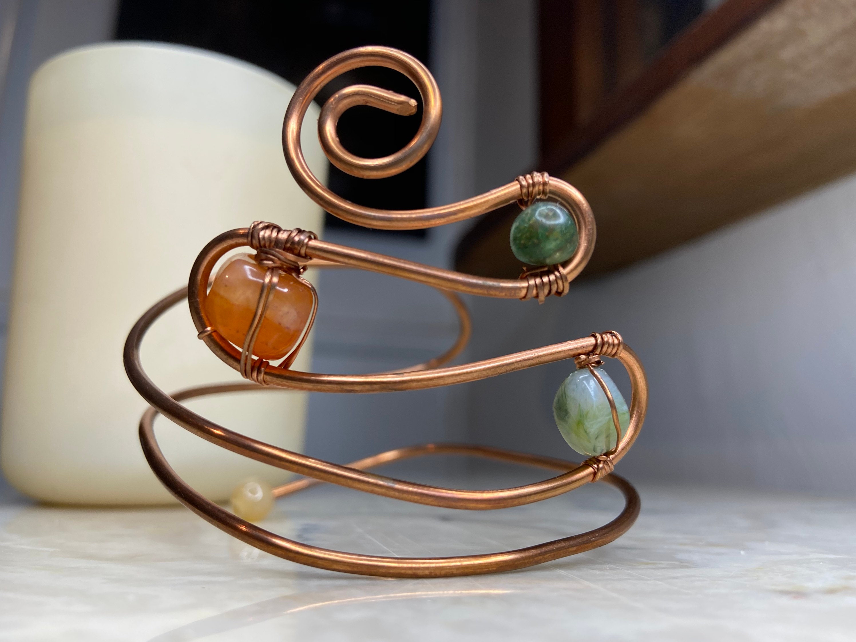 Handmade Spiral Copper Wire Bracelet Beaded Bracelet Wire Wrapped ...