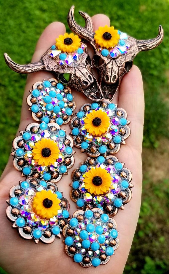 Bullskull and sunflower conchos for saddle bridle or other | Etsy