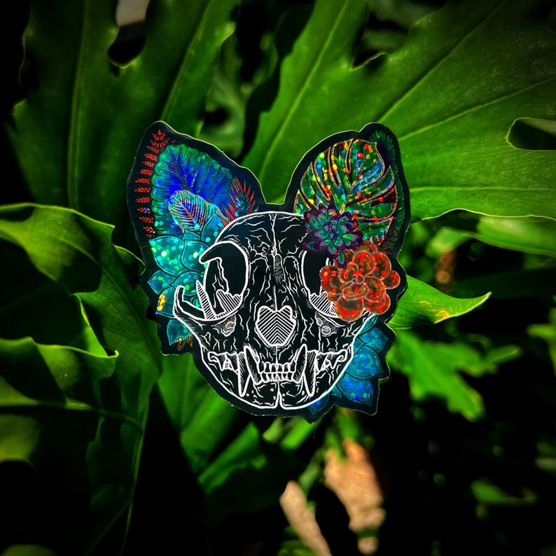 Tropical Cat Skull Holographic Cat Skull Sticker Cat Art - Etsy