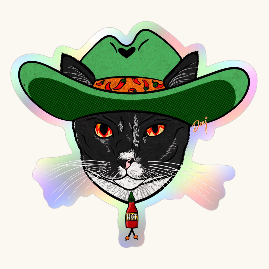 The Outlaws Hot Sauce Tuxedo Cowboy Cat Sticker: Matte Holographic ...