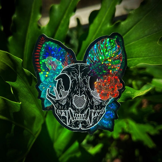 Tropical Cat Skull Holographic Cat Skull Sticker Cat Art - Etsy