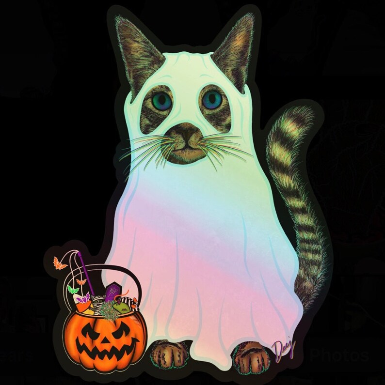 Ghost Cat Halloween Holographic Sticker Cat Sticker Cat - Etsy