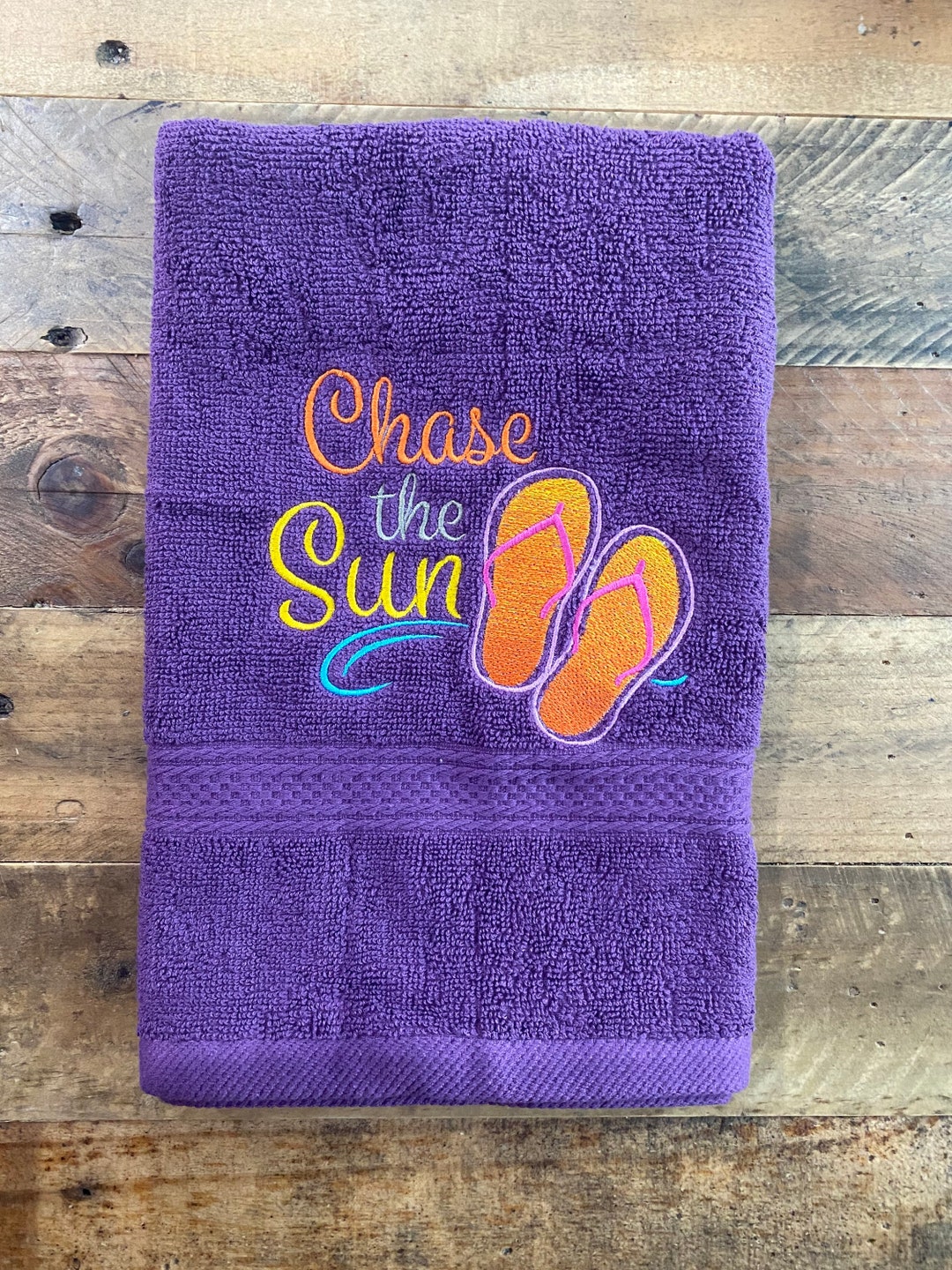 Chase the Sun. Beach Design Embroidered White Hand Towel. Chase the Sun ...