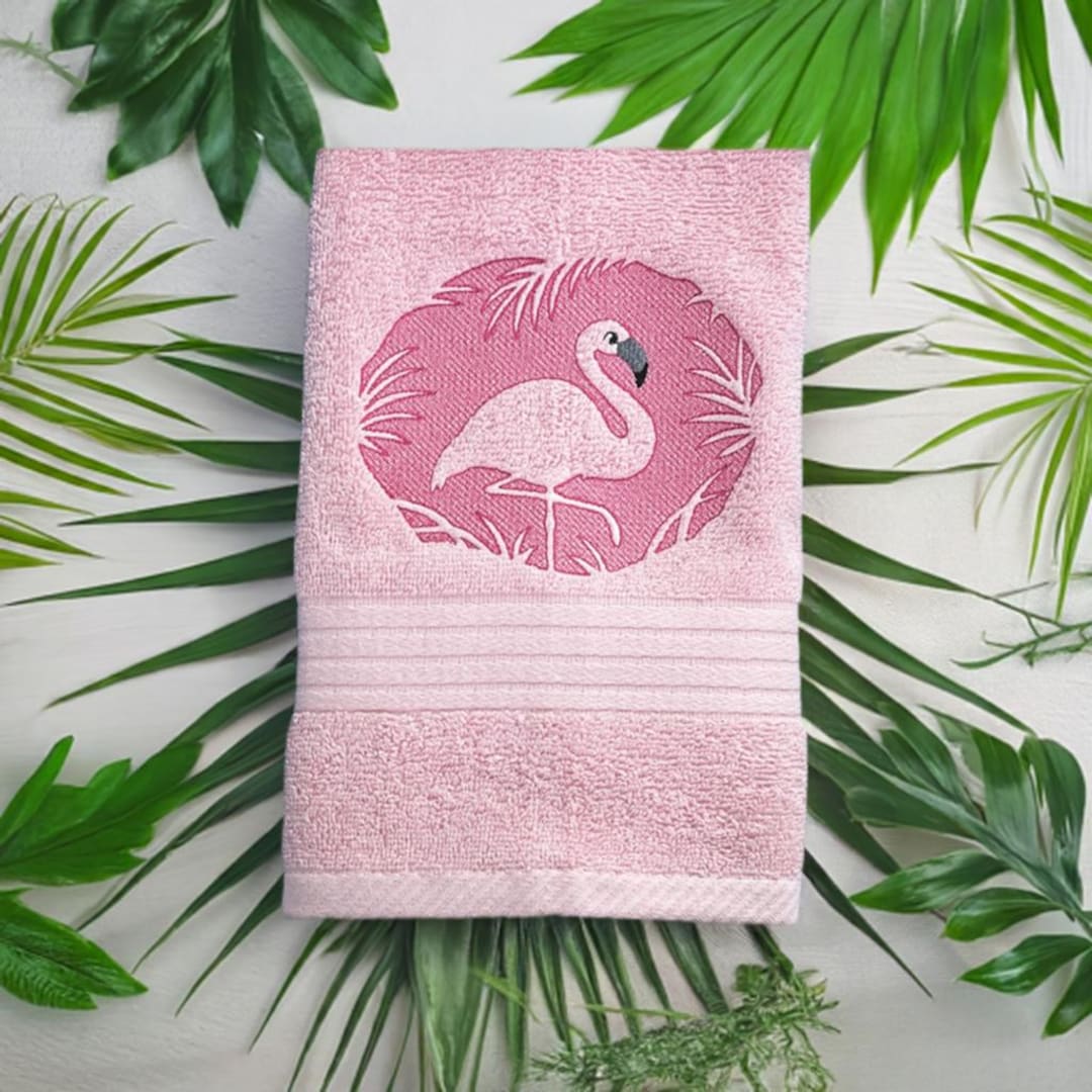 Pink Flamingo With Pink Embossed Design Embroidered Hand Towel. Gift ...