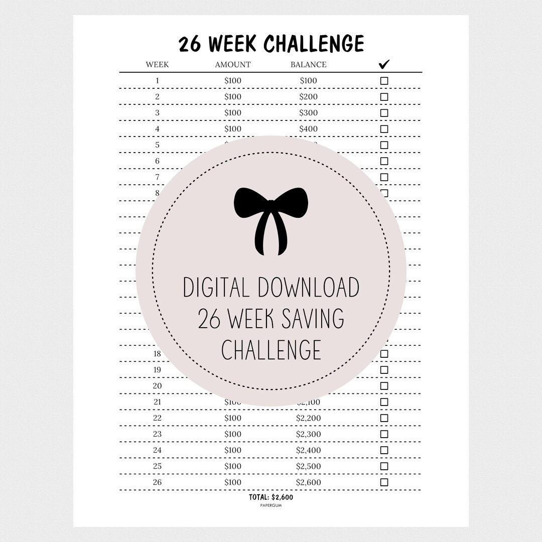 2,600 | 26 Week Challenge - Envelope Challenge - Cash Savings - Instant ...